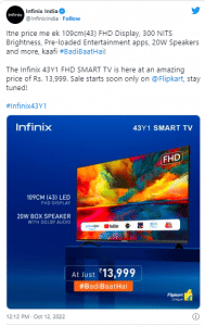 Infinix 43 Y1 Smart TV Launched With 43-Inch FHD Display